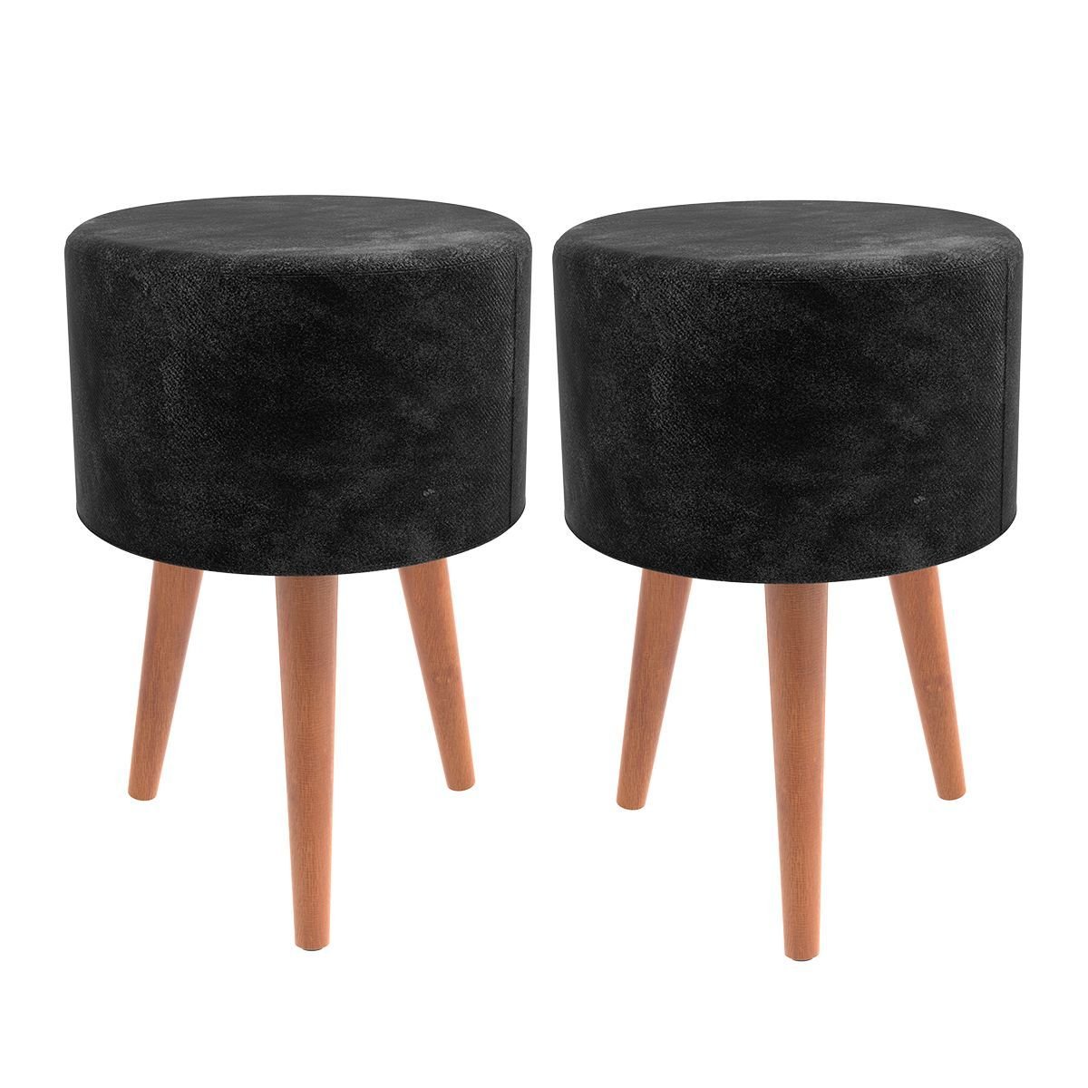 Kit Par de 2 Puffs Redondo Pés Palito Alto Padrão:preto | MadeiraMadeira