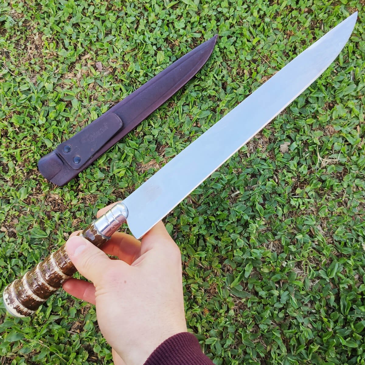 Faca Gaúcha Rabo de Tatu 10' Estreita Churrasco Afiada Bainha Couro Aço ...