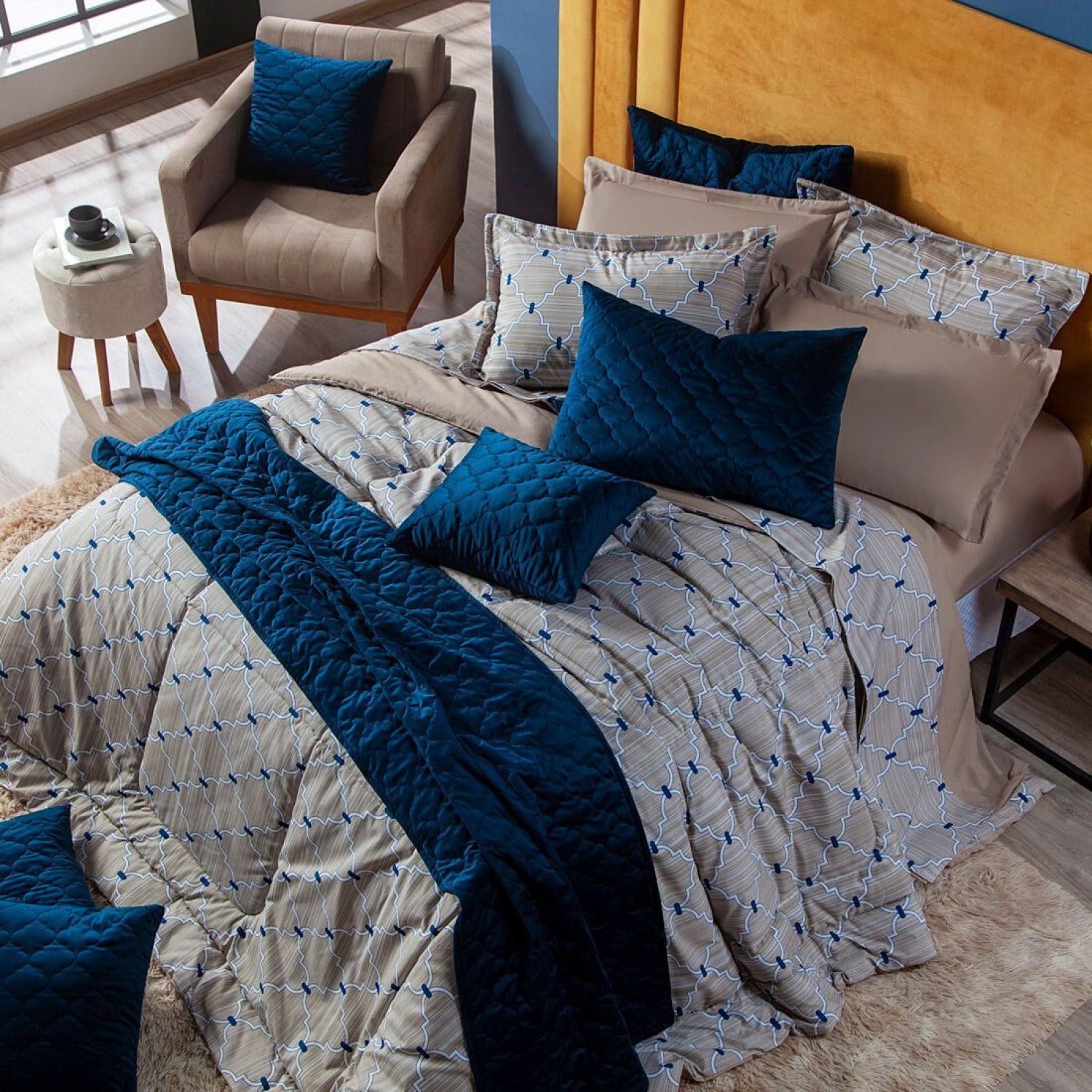 Kit Edredom King 3 Peças Dupla Face Percal 200 Fios Veneza Dourados ...