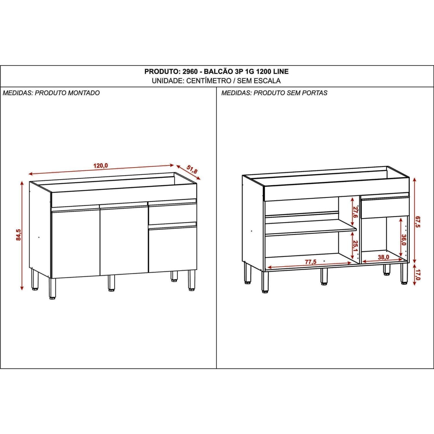 Balcão para Cozinha 3 Portas 1 Gaveta 120cm Line | MadeiraMadeira