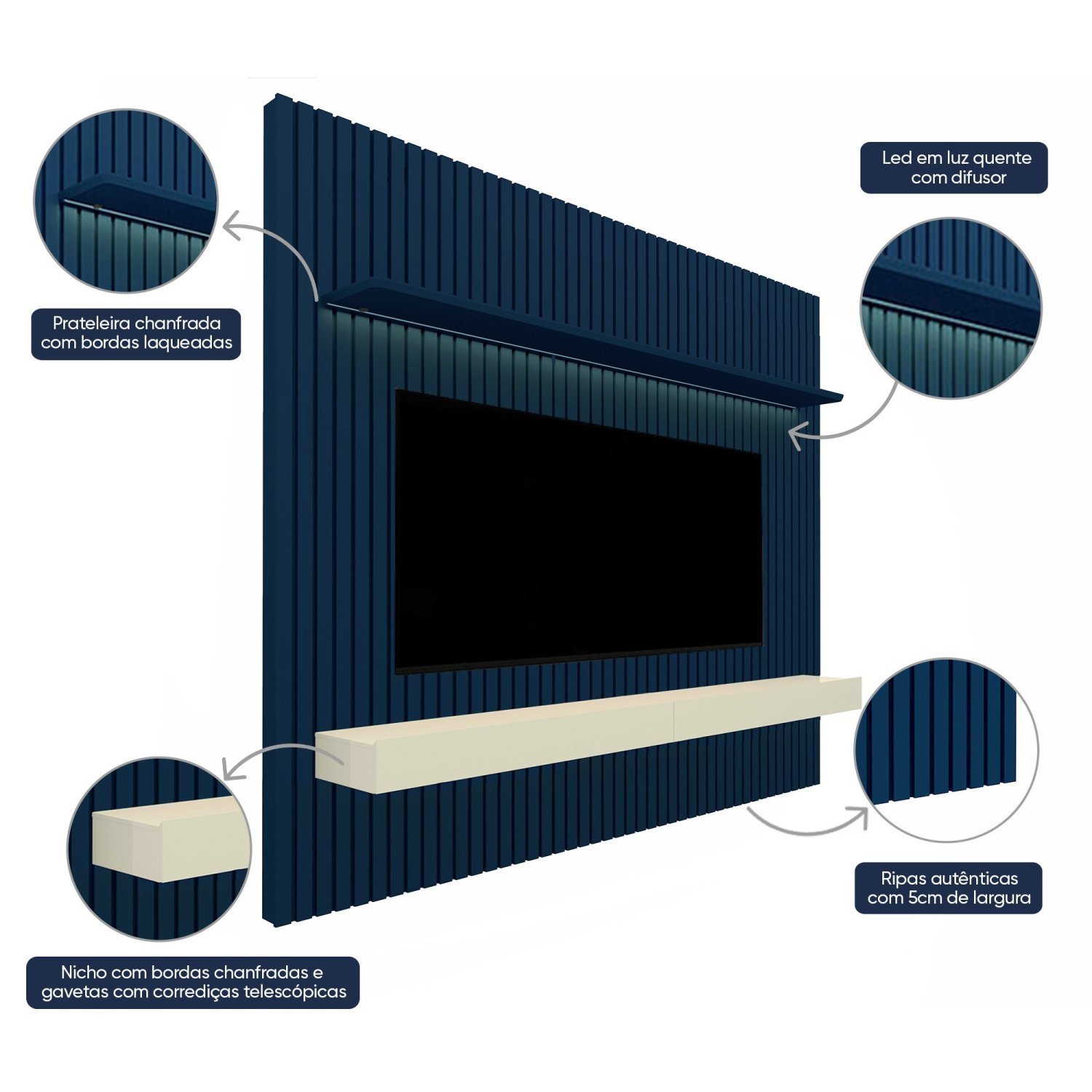 Painel para TV até 85 Polegadas Ripado com LED Nobre 230cm Gelius ...