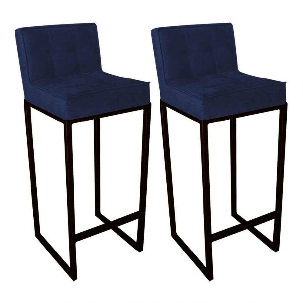 2 Banquetas Alta Lunna Suede Azul M. E Base Gold | MadeiraMadeira