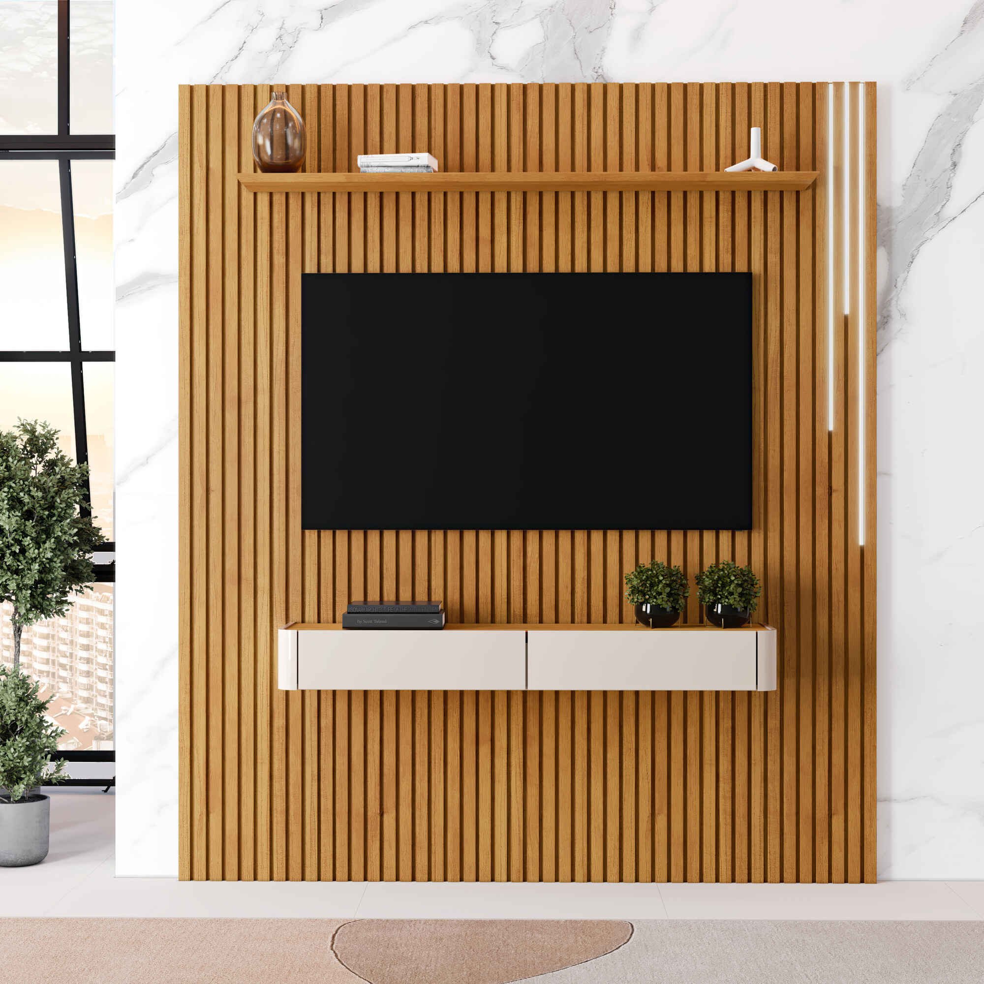 Painel para Tv Ripado Lyon 182cm com 2 Gavetas Cor Naturale/off White ...