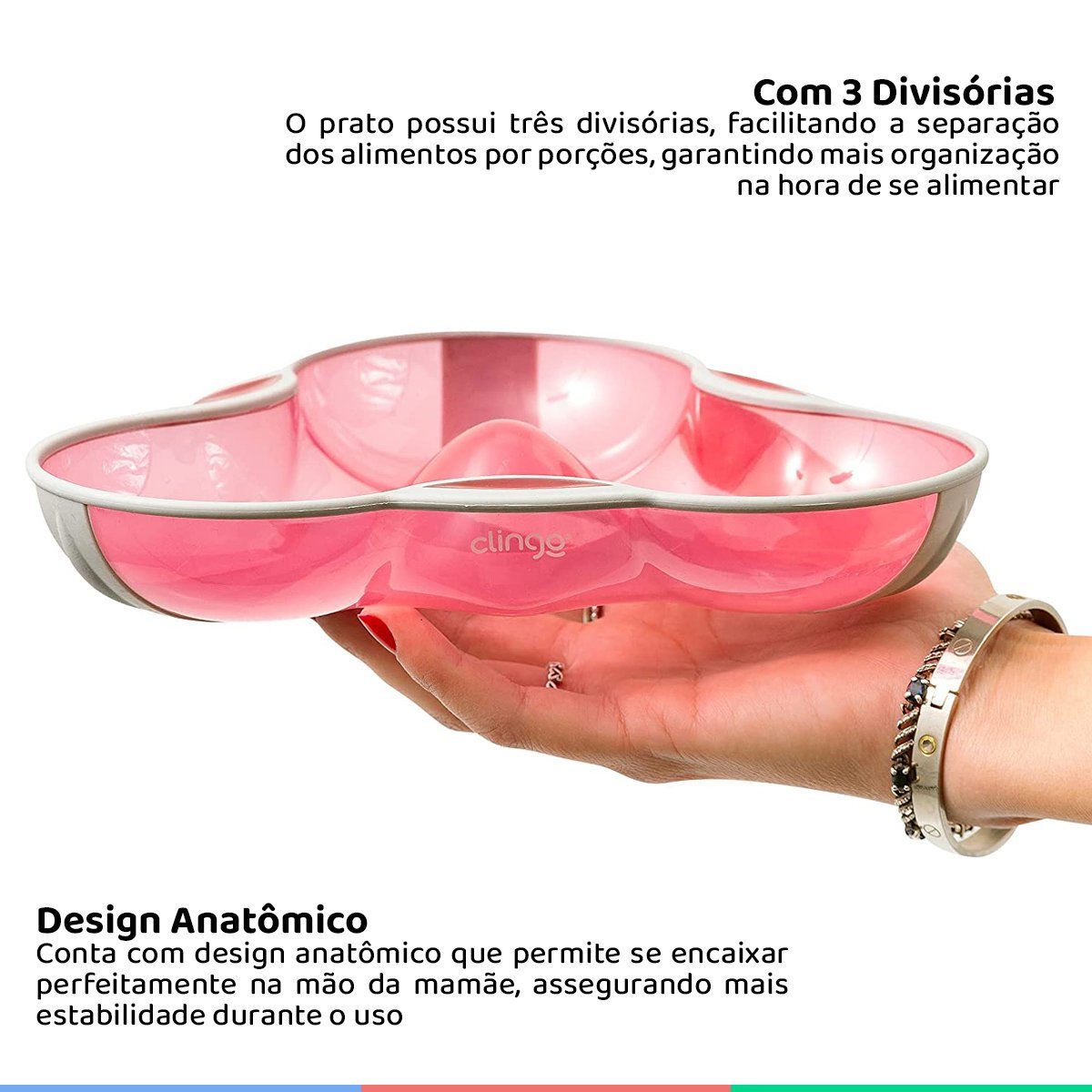Prato Colors +6 Meses 500ml Livre de BPA Com 3 Divisórias Rosa Clingo ...
