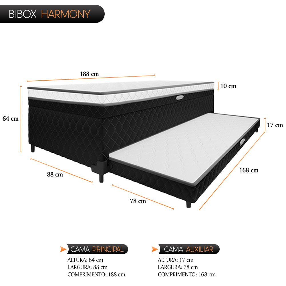 Bibox Conjugada Harmony com Cama Auxiliar e Baú Colchão Molas Solteiro ...