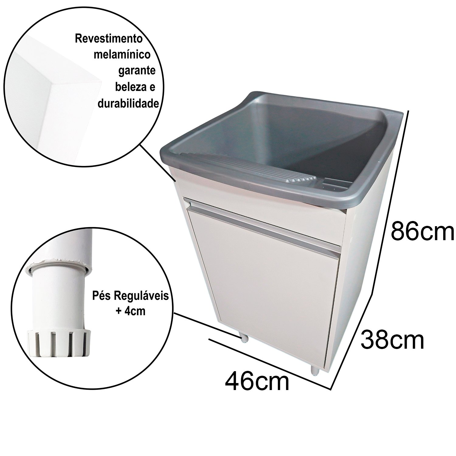 Gabinete 46cm De Lavanderia Com Puxador Perfil e Tanque 22L Tanque ...