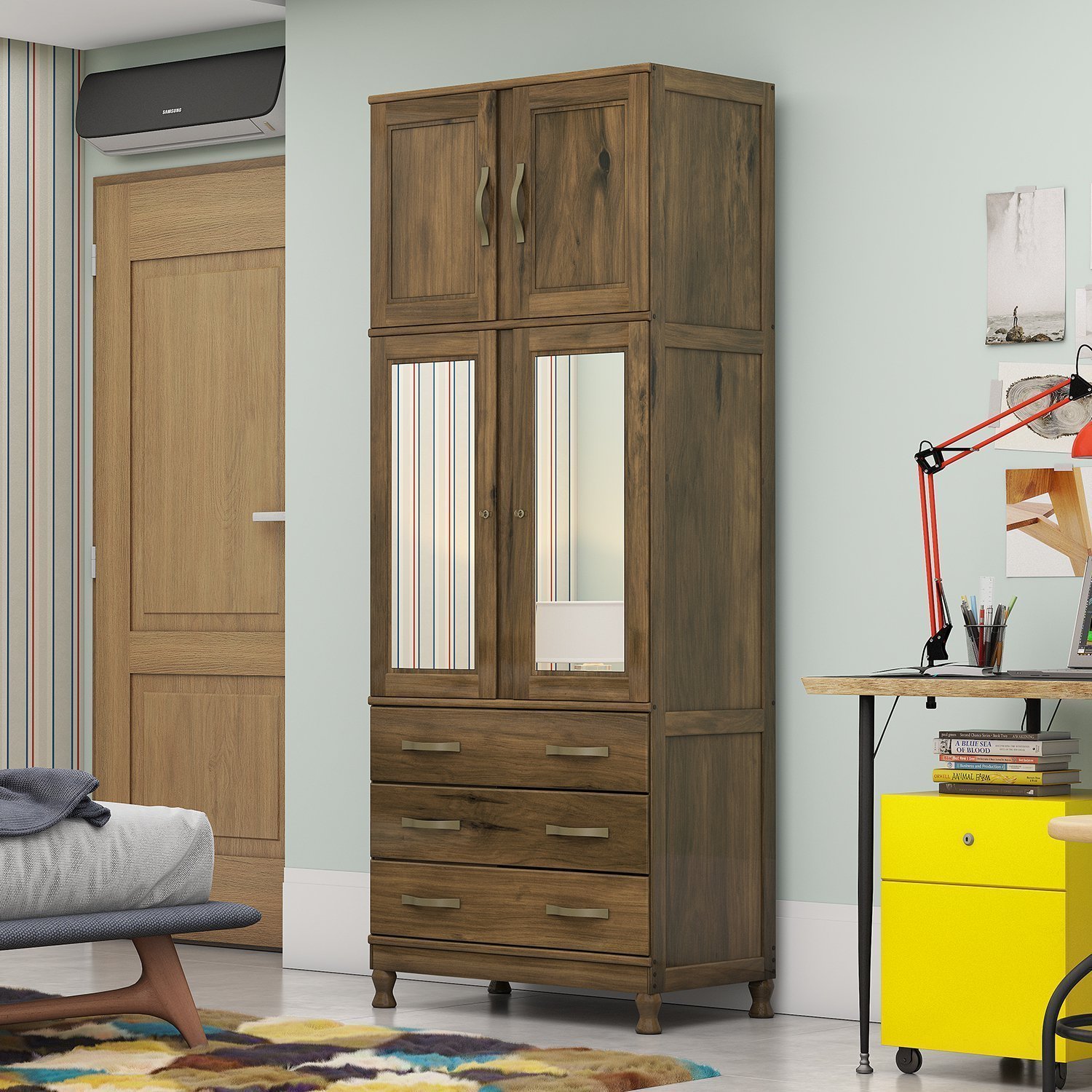 Guarda Roupa Solteiro com Espelho e Pés 4 Portas 3 Gavetas Paris ...