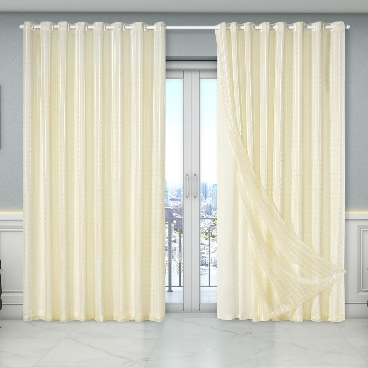 Cortina Dual Forro Microfibra com Voil Xadrez 5,60 M X 2,70 M Bege ...