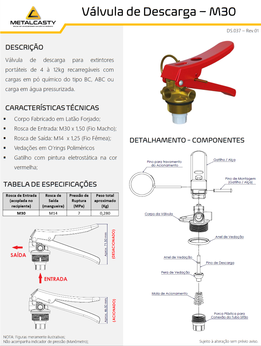 VÁLVULA M30 DE DESCARGA PARA EXTINTOR PQS E ÁGUA DE 4 A 12KG METALCASTY ...