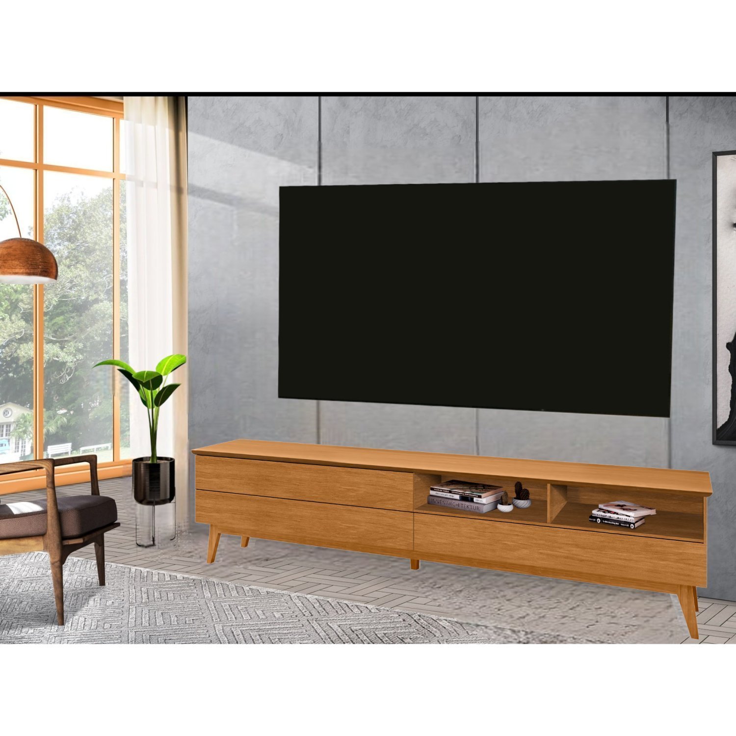 Rack para TVs até 70 Polegadas 219cm 2 Gavetas 3 Nichos Tebarrot | MadeiraMadeira