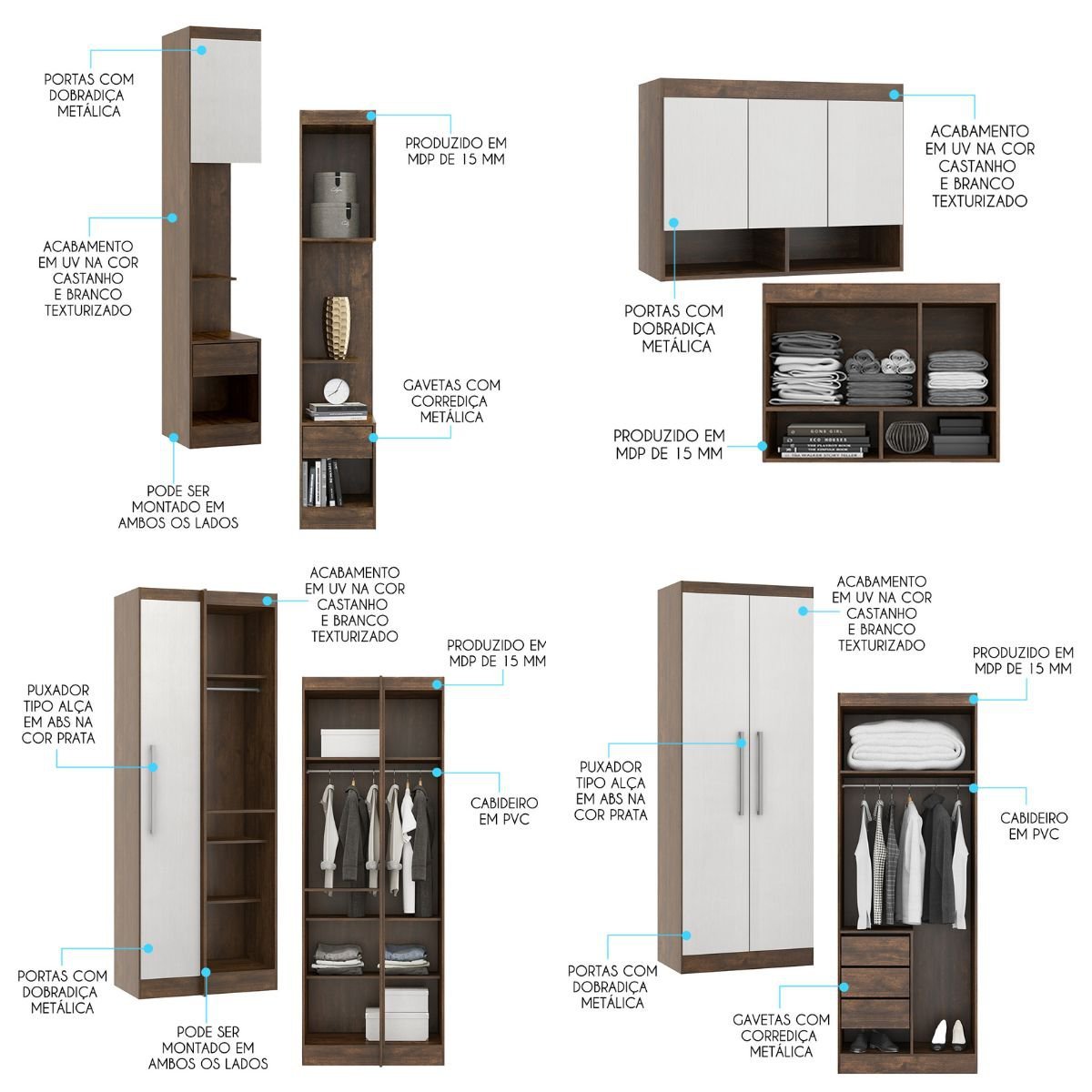 Kit Quarto Modulado Completo Selene com Rack Painel TV 216/160x218 Cm 8 ...