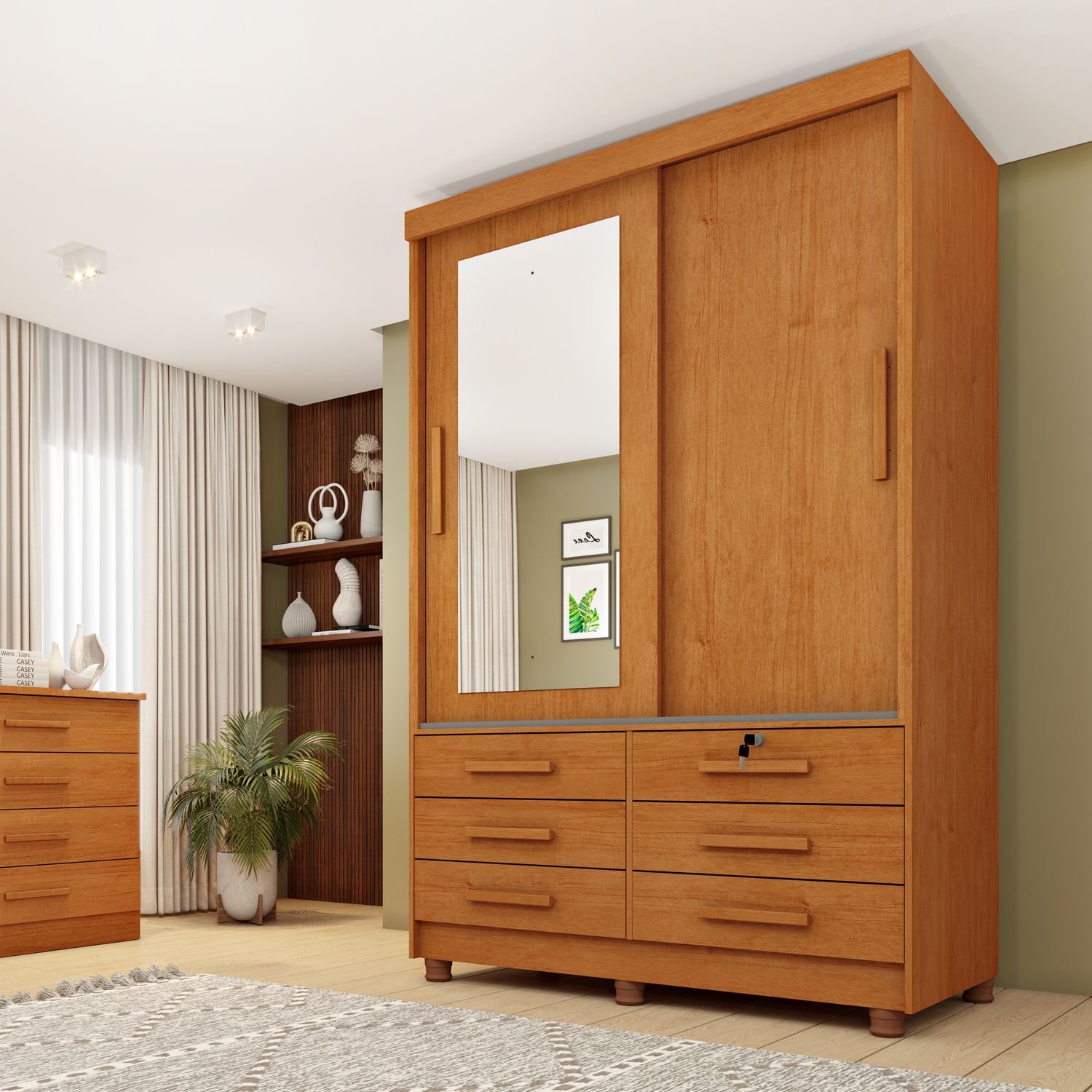 Guarda Roupa Solteiro com Espelho e pés 2 Portas 6 Gavetas 133cm Chicago | MadeiraMadeira