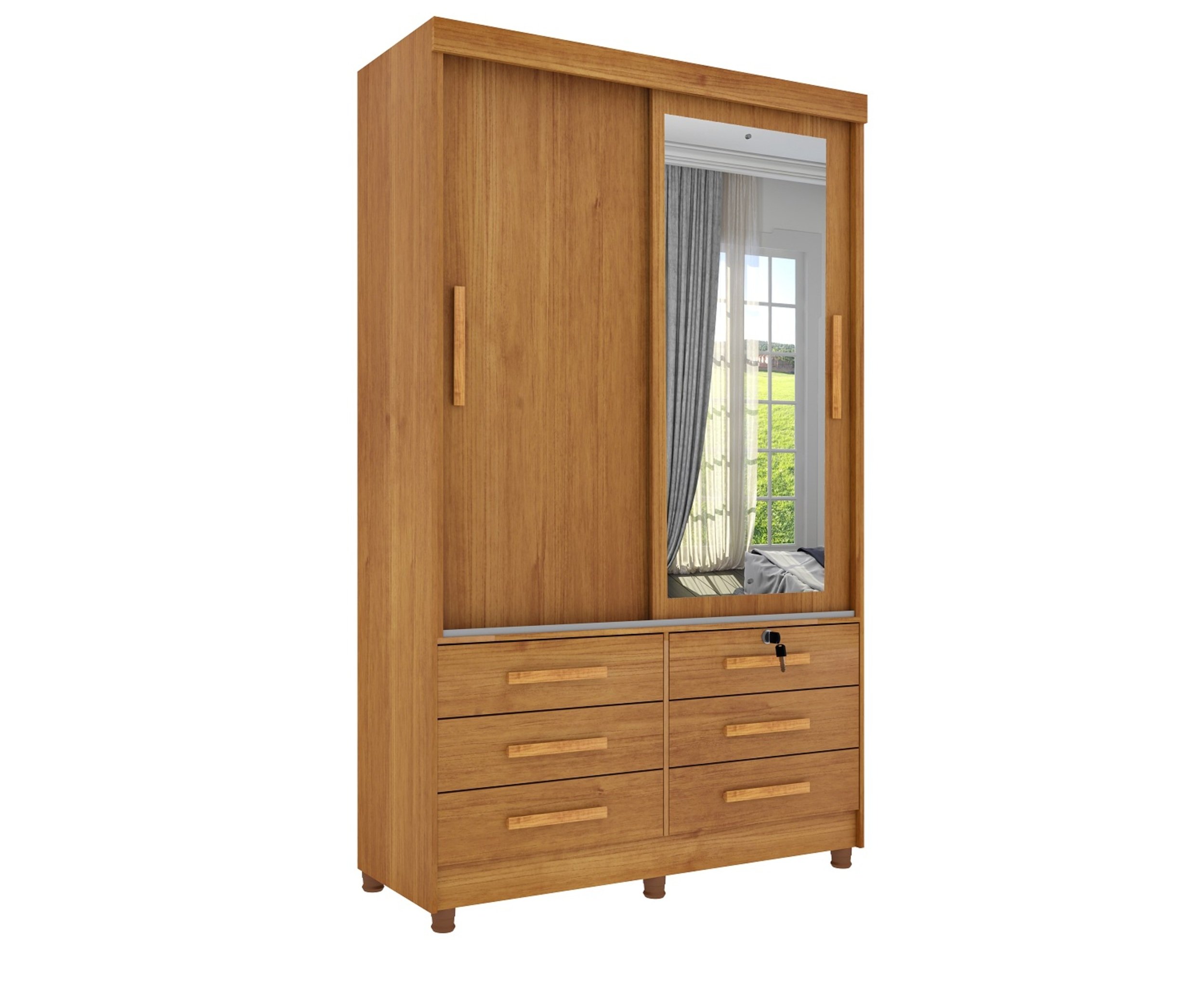 Guarda Roupa Solteiro com Espelho e pés 2 Portas 6 Gavetas 133cm Chicago | MadeiraMadeira