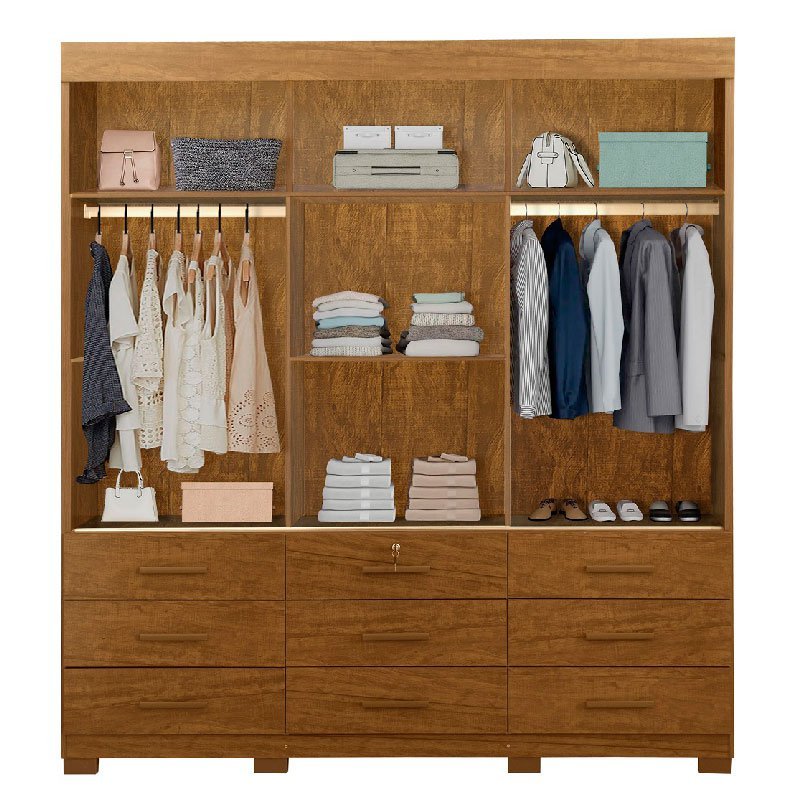 Guarda Roupa Casal com Espelho e Com Pés 3 Portas de Correr e 9 Gavetas ...
