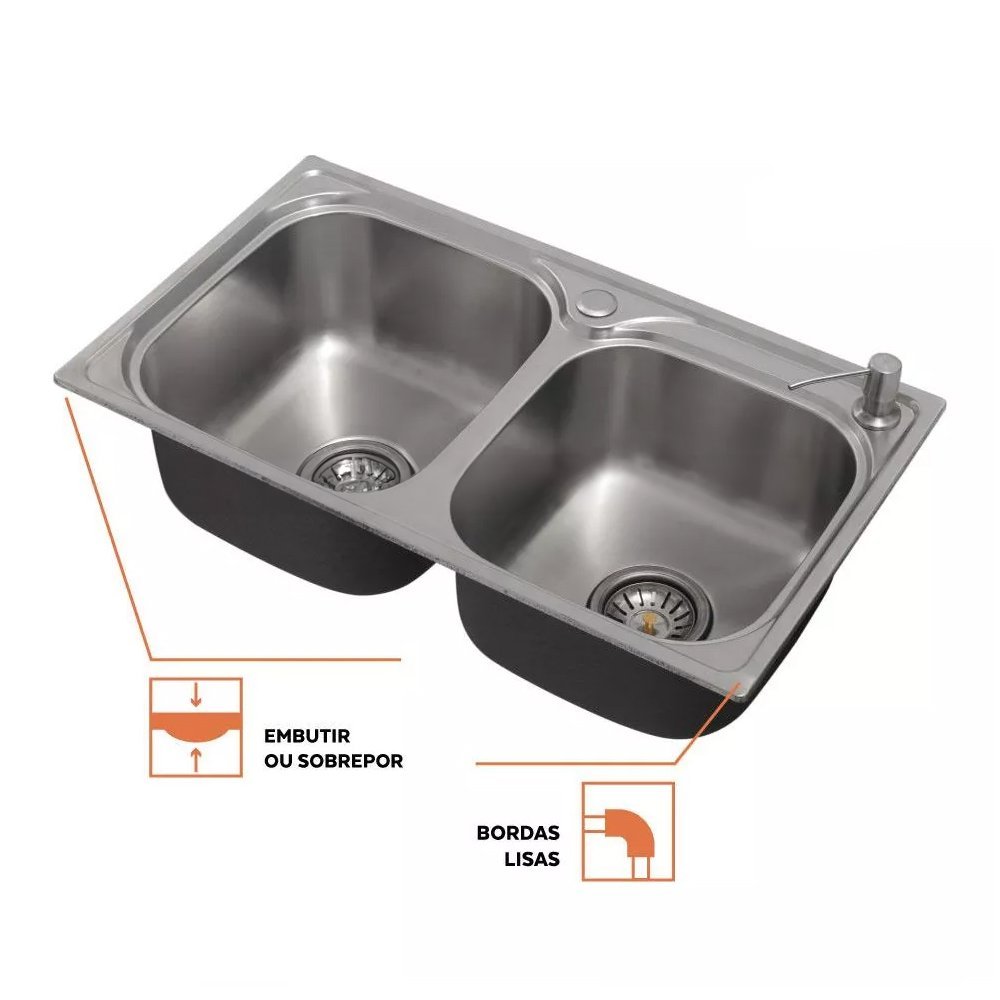 Cuba Cozinha Gourmet Pia Dupla Quadrada Inox 2 Bojos com Cesta 68x48 ...