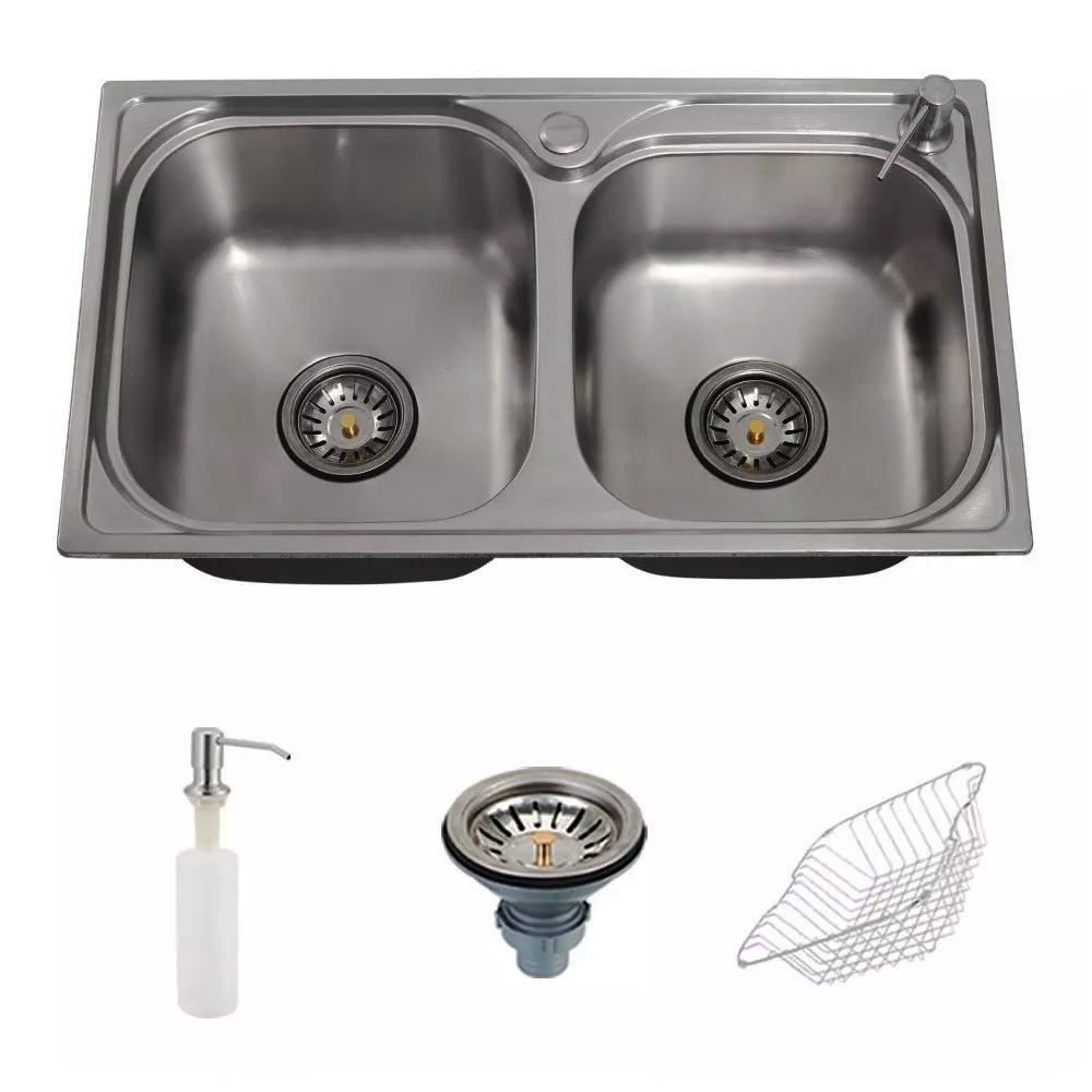 Cuba Cozinha Gourmet Pia Dupla Quadrada Inox 2 Bojos com Cesta 68x48 ...