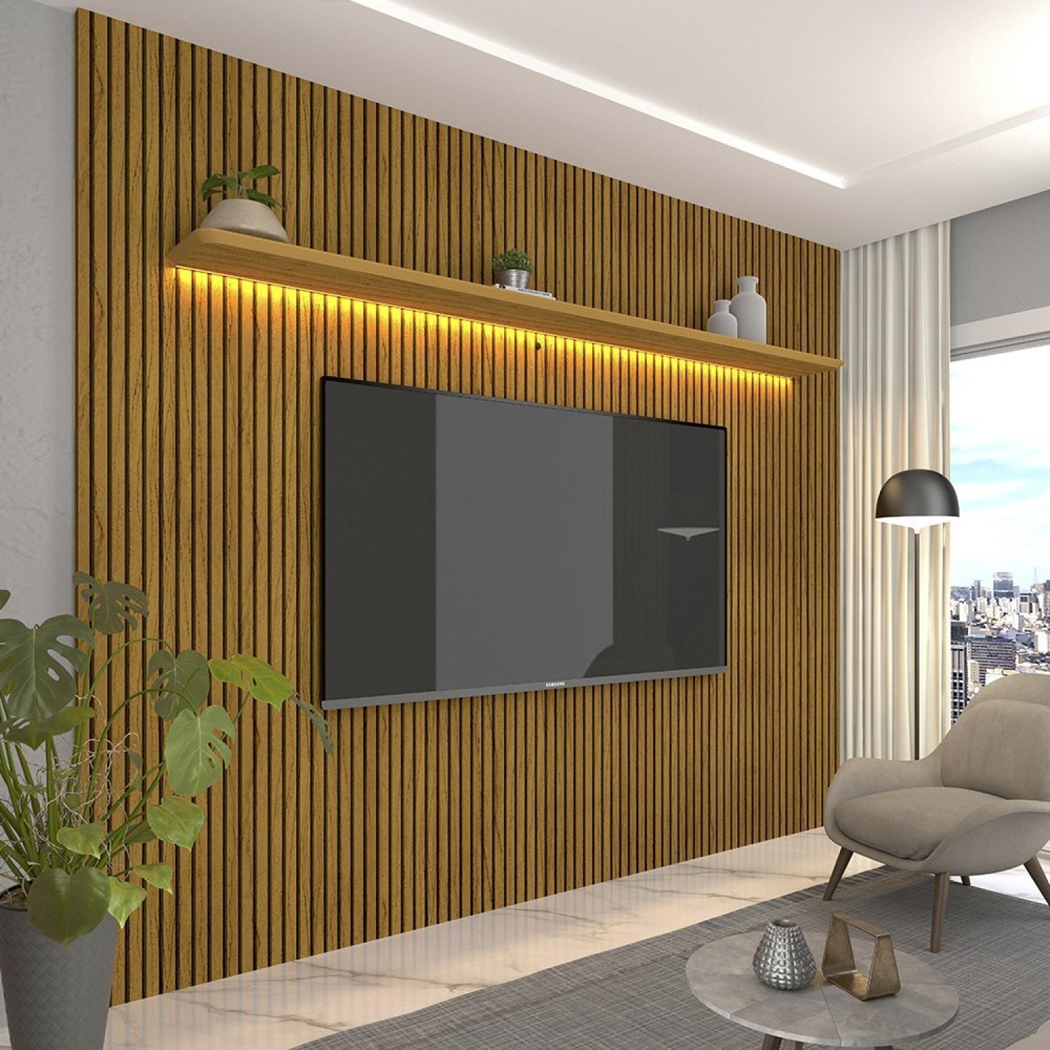 Painel para TV até 85 Polegadas Impressão Ripada com LED 1 Prateleira ...