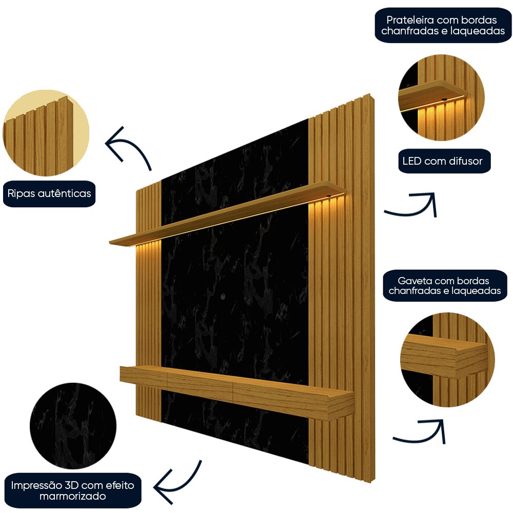 Painel para TV até 85 Polegadas com Led Ripado 3 Gavetas Primor 229cm ...