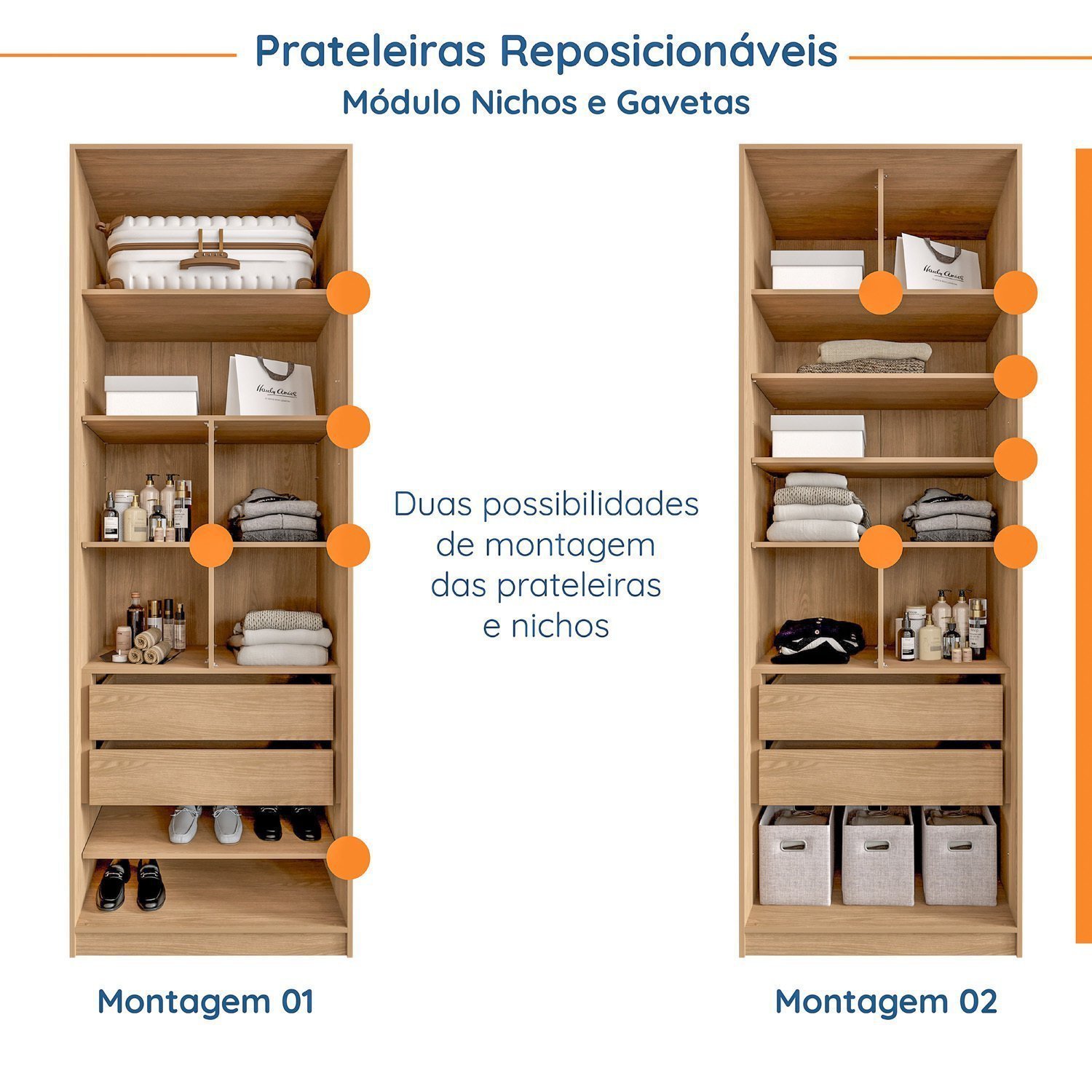 Guarda-Roupa Modulado Joy 3 Peças Módulo Nichos com 2 Gavetas ...