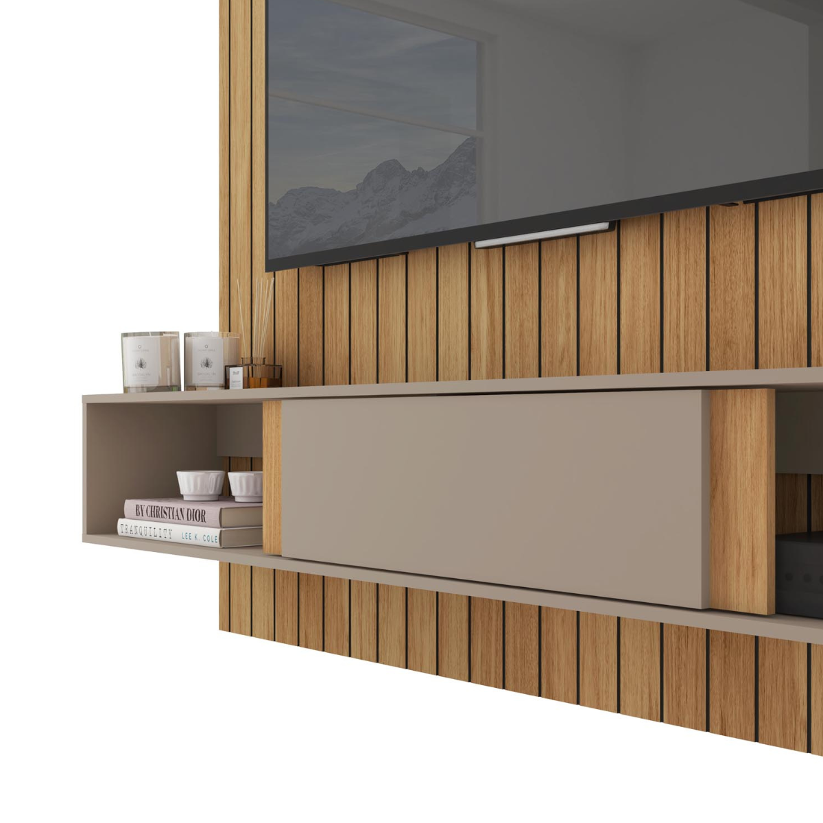 Painel Suspenso Ripado Tvs 65 Polegadas Buriti Cacão | MadeiraMadeira