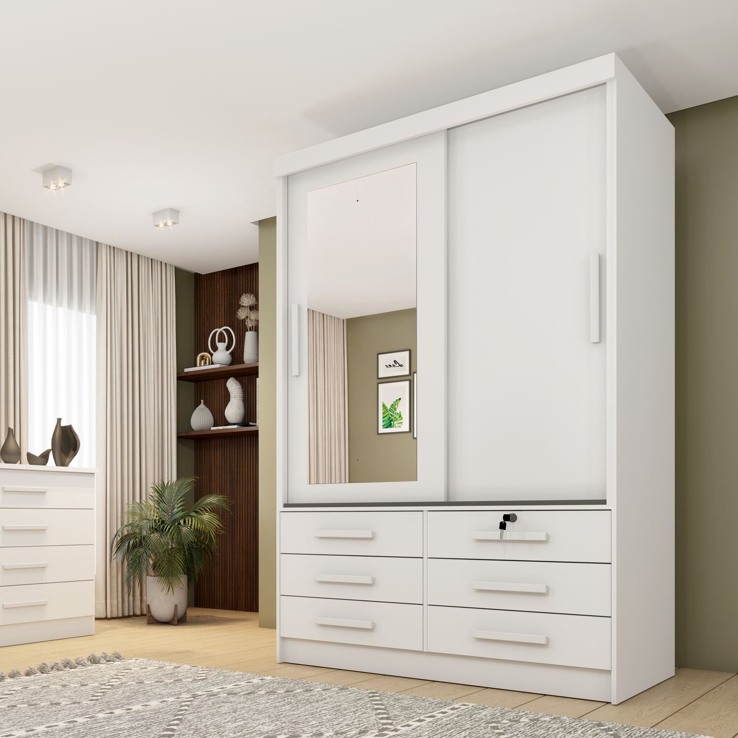 Guarda Roupa Solteiro com Espelho 2 Portas 6 Gavetas 133cm Chicago | MadeiraMadeira