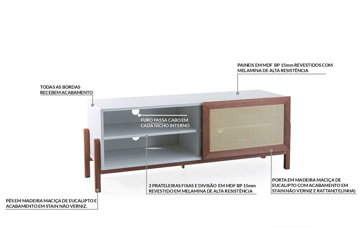 RACK PARA SALA BRANCO ERIC PORTA DE CORRER JATOBÁ E RATTAN 126x43,6x48 ...
