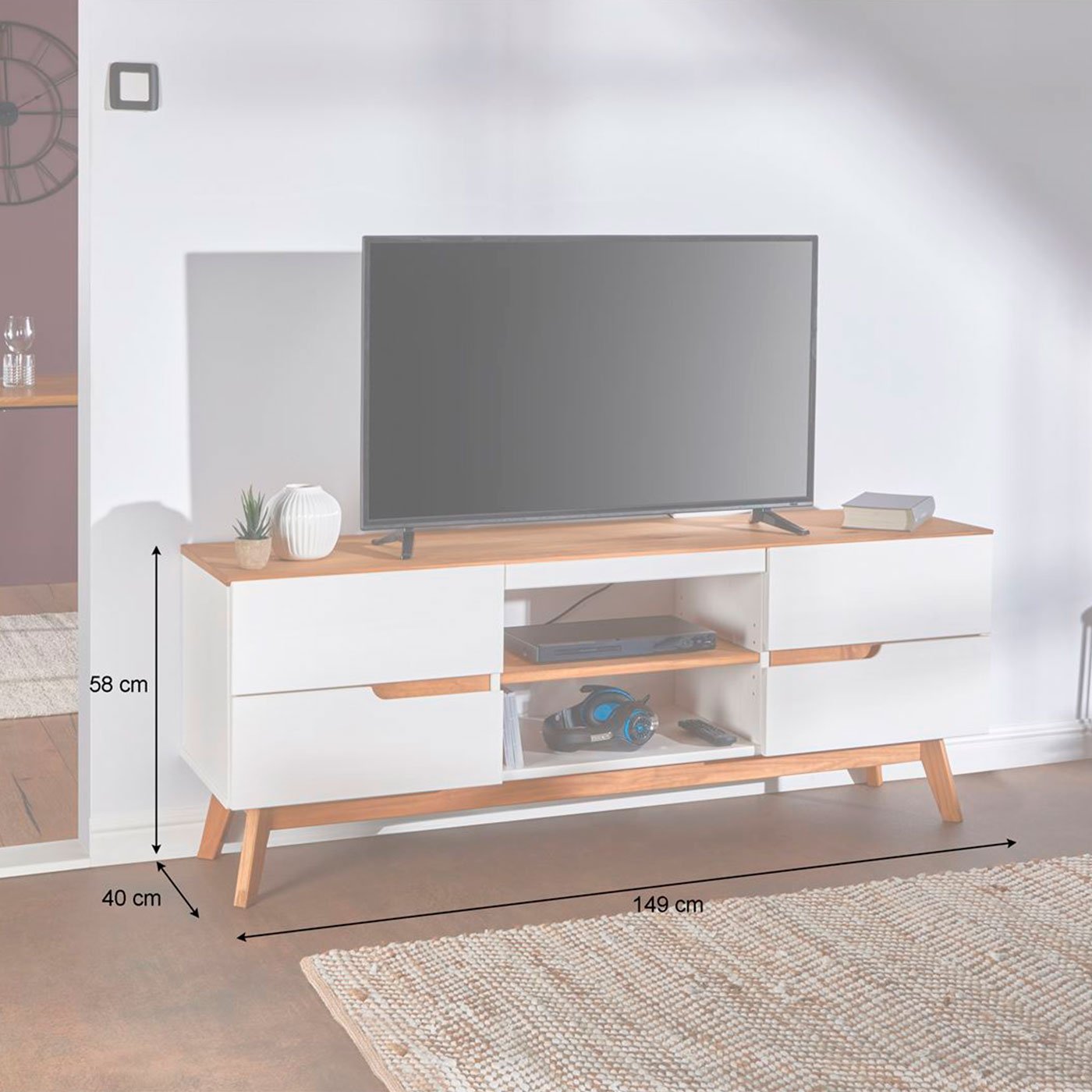 Rack TV Bancada 55 Polegadas Madeira Maciça 4 Gavetas 2 Nichos Tibor ...