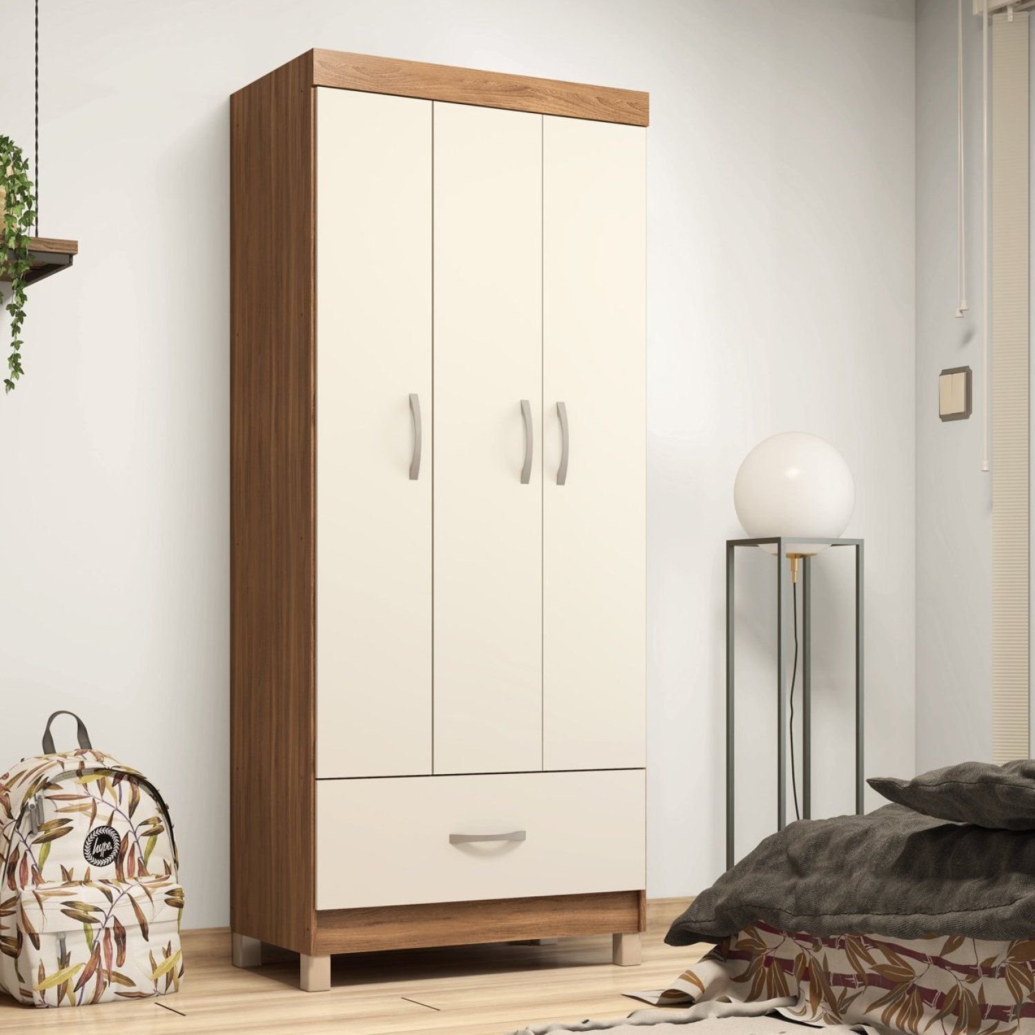Guarda Roupa Solteiro 3 Portas 1 Gaveta Prince Bege/Amendola Touch/Off ...