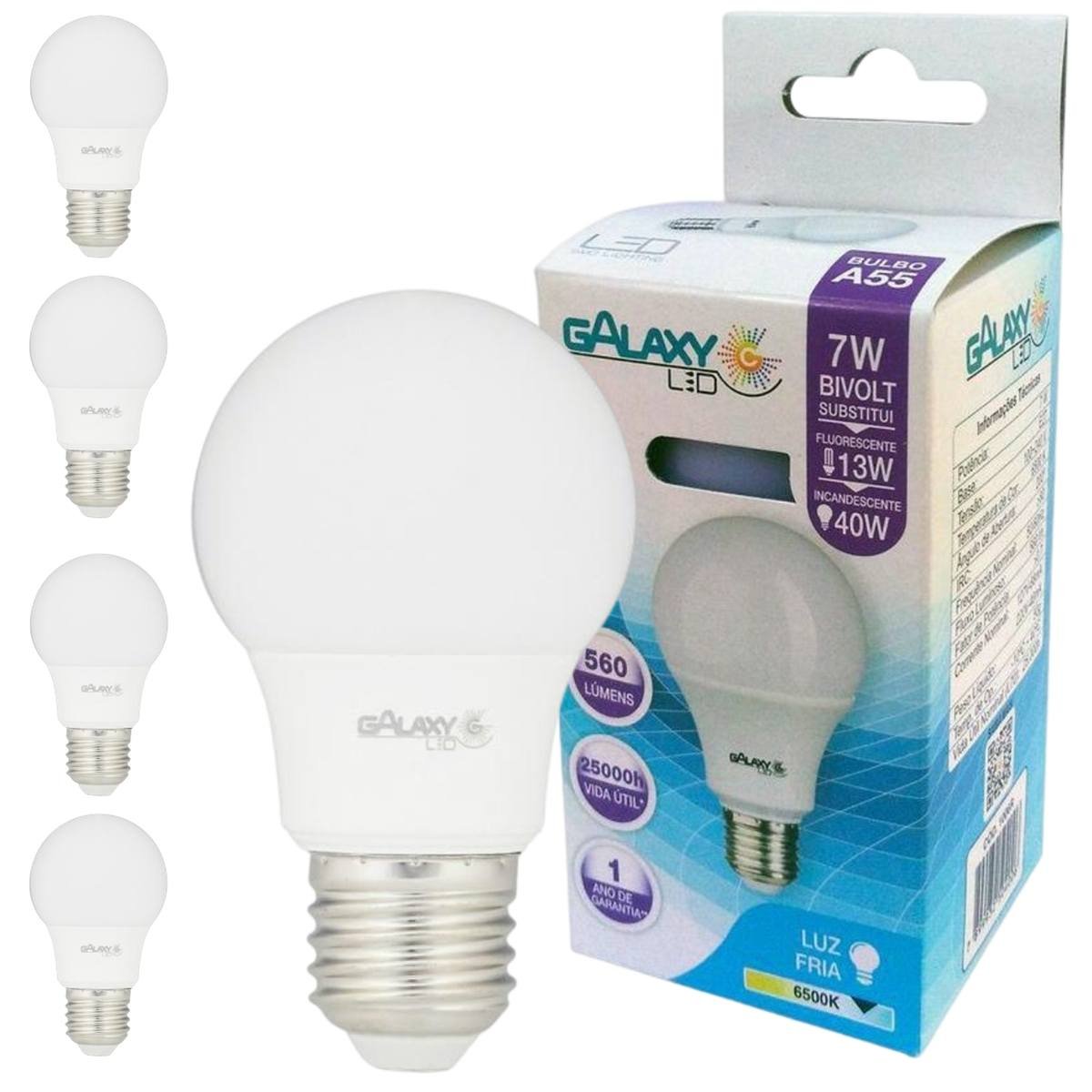 Kit 5 - Lampada LED Bulbo A55 - 7W - Branco Frio 6500k - Bivolt - E27 ...