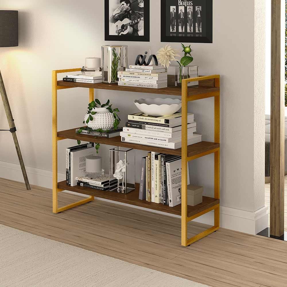 Estante pequena 3 Prateleiras 90 cm Imbuia Dourado Ezreal Steel Mobile ...