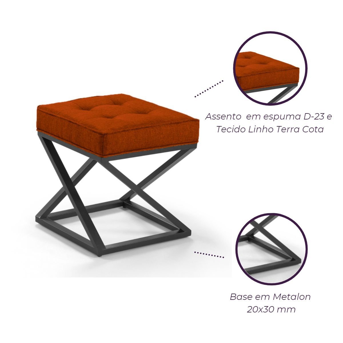 Puff Quadrado Estilo Industrial de Linho - Terra Cota | MadeiraMadeira
