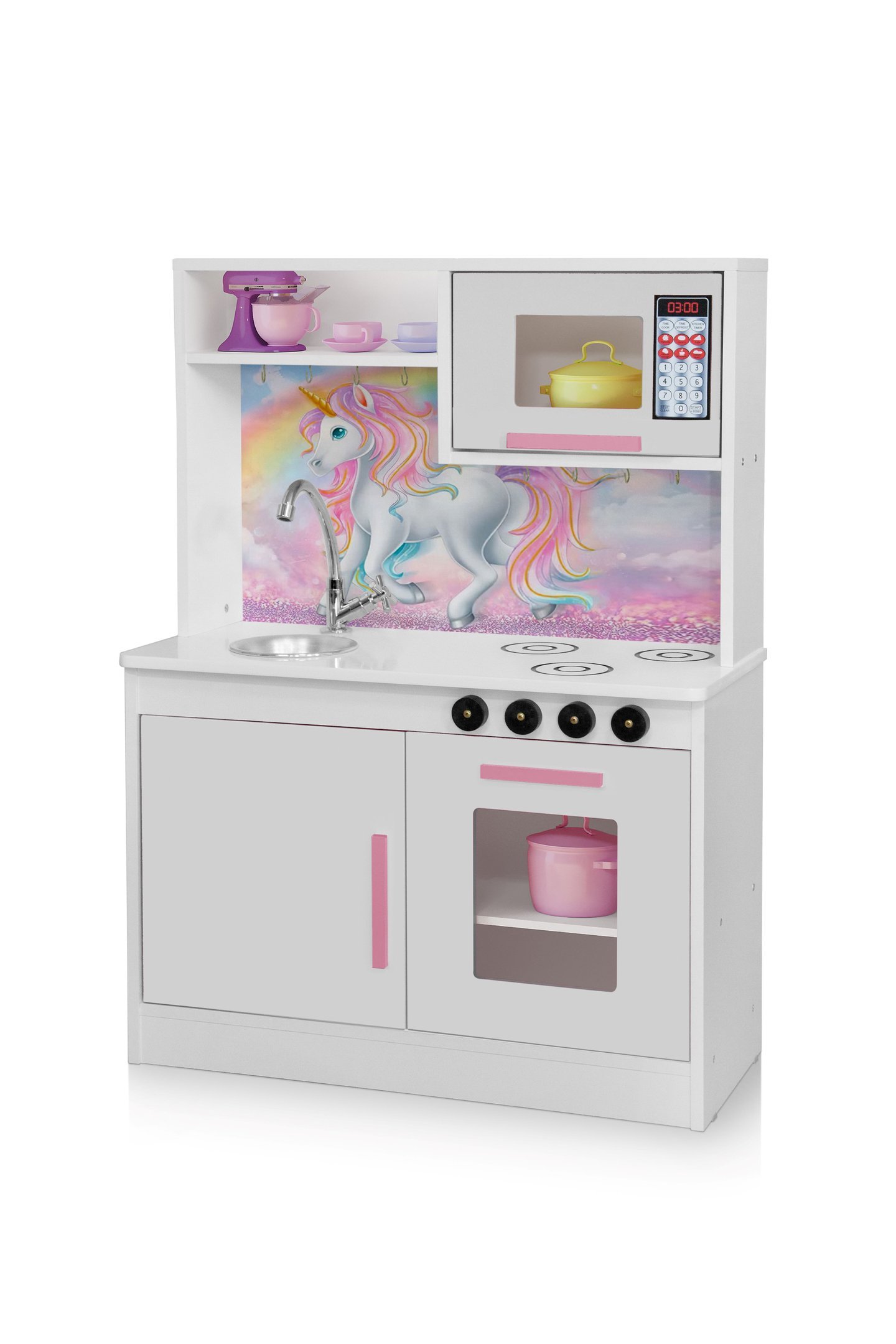 Cozinha Infantil Mini Chefe Unicórnio Fogão Microondas e Pia:Branco ...