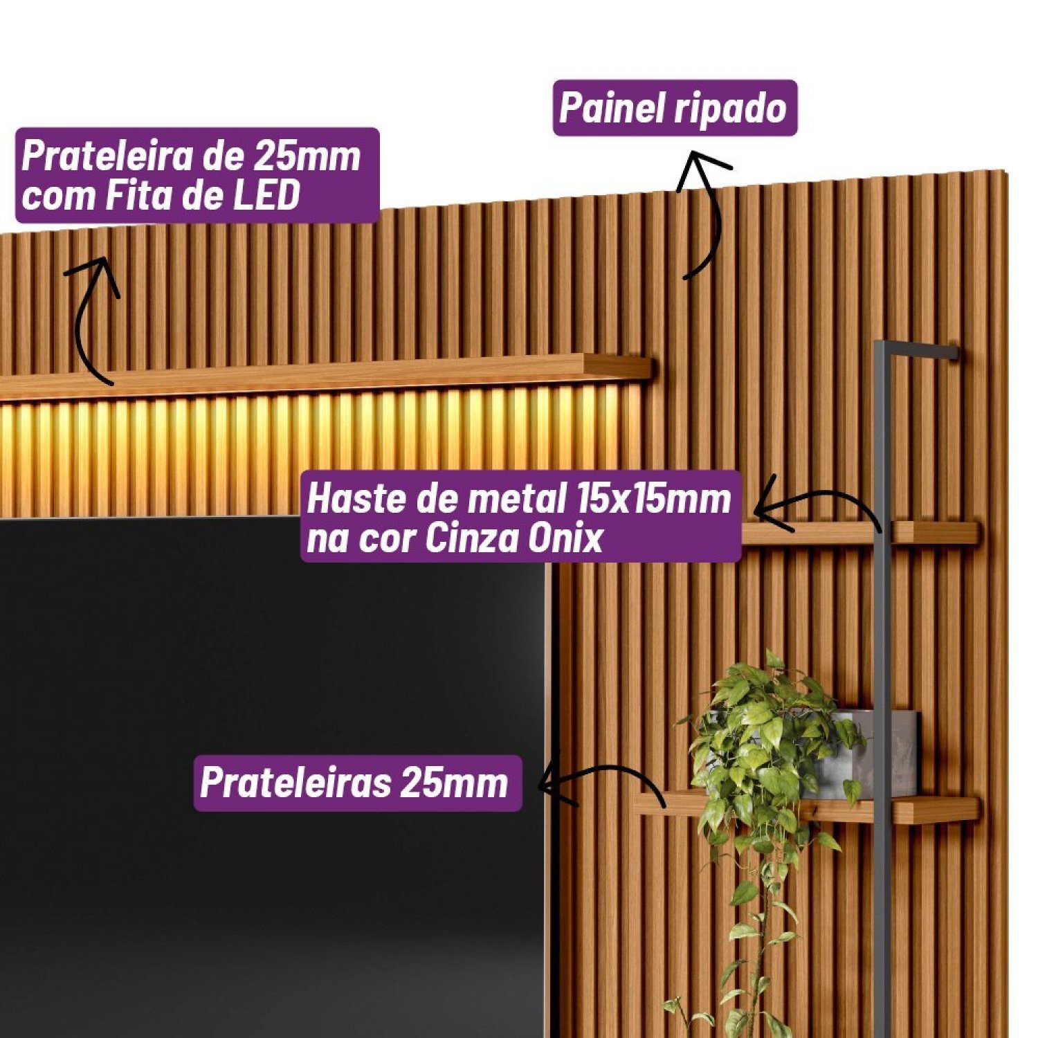 Rack com Painel para TV até 75 Polegadas com 2 Módulos Laterais LED 2 Portas Linea Brasil ...