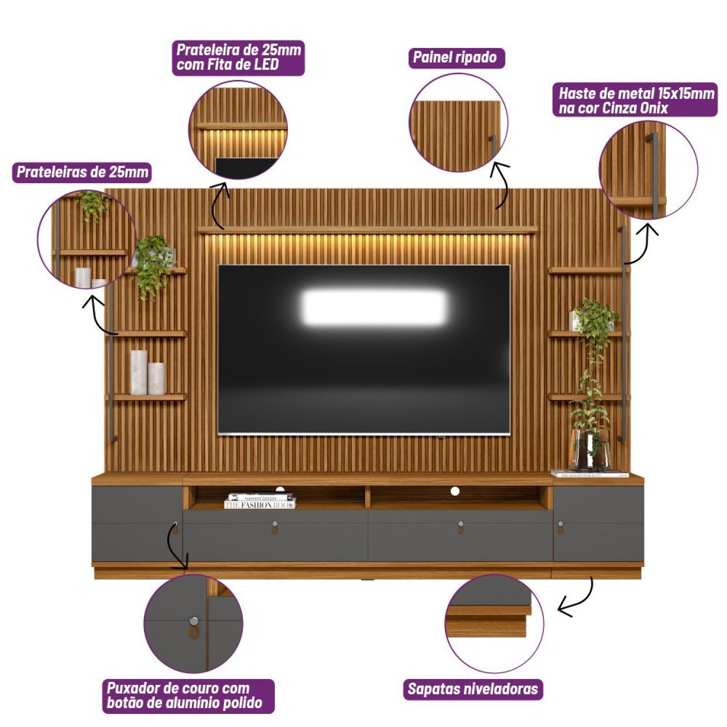 Rack com Painel para TV até 75 Polegadas com 2 Módulos Laterais LED 2 Portas Linea Brasil ...