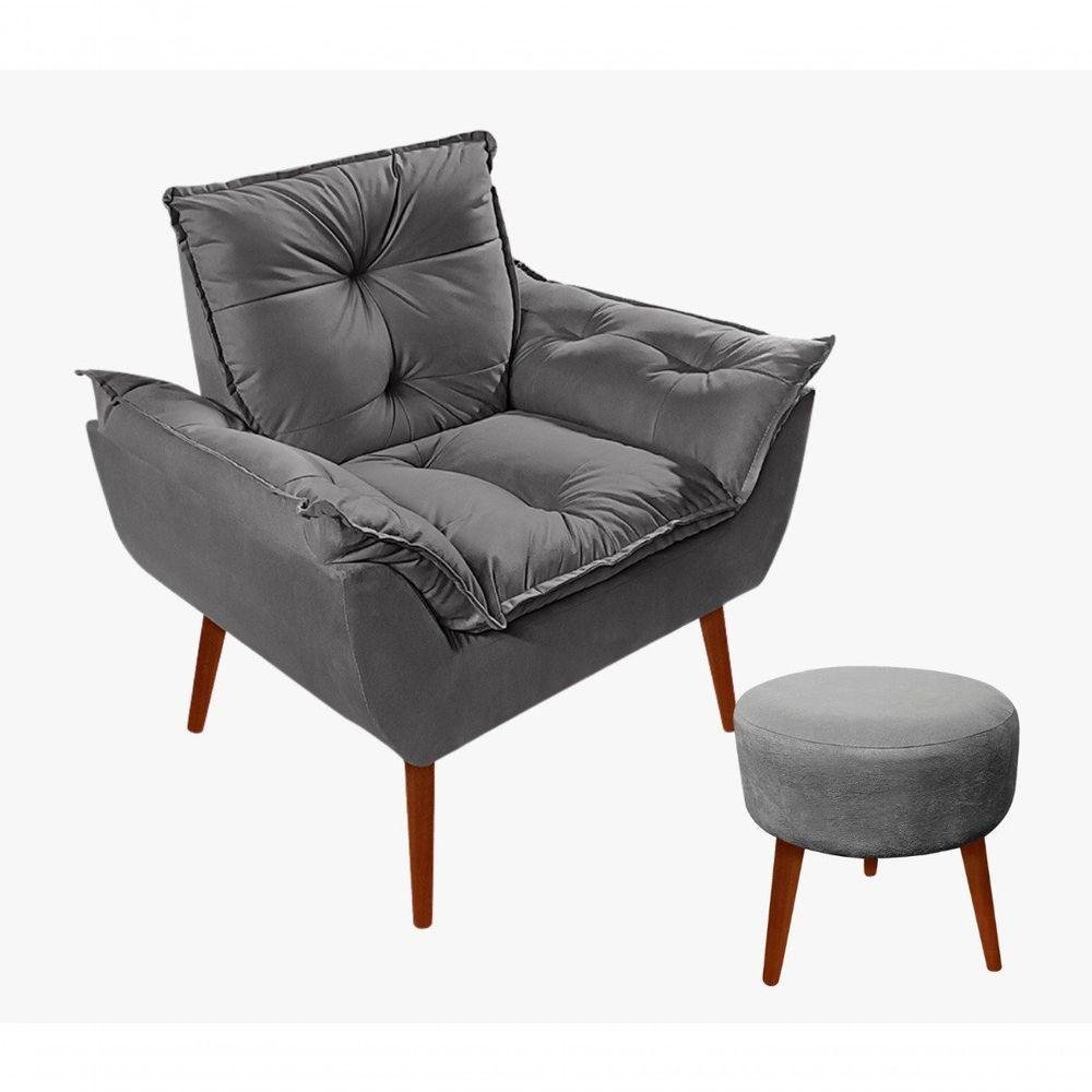 Kit C/01 Poltrona Opala + 01 Puff Redondo Danny Suede Cinza Escuro | MadeiraMadeira