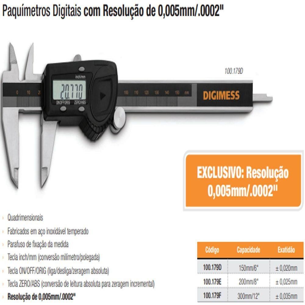 Paquímetro Digital com Resolução de 0,005mm/.0002" - Cap. 150mm/6 ...