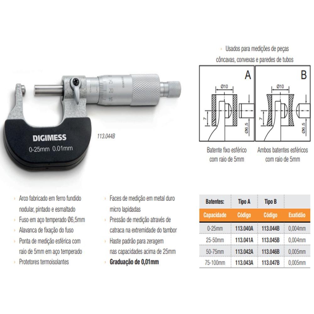 Micrômetro Externo Pontas Esféricas (tipo A) - Cap. 25-50mm - Ref. 113.041a | MadeiraMadeira