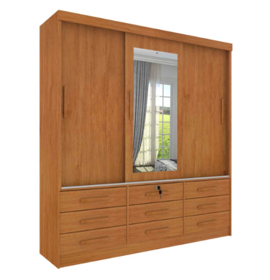 Guarda-roupa Gr2810 3 Portas de Correr 9 Gavetas com Espelho 199cm Cor Cinamomo 8502 ...