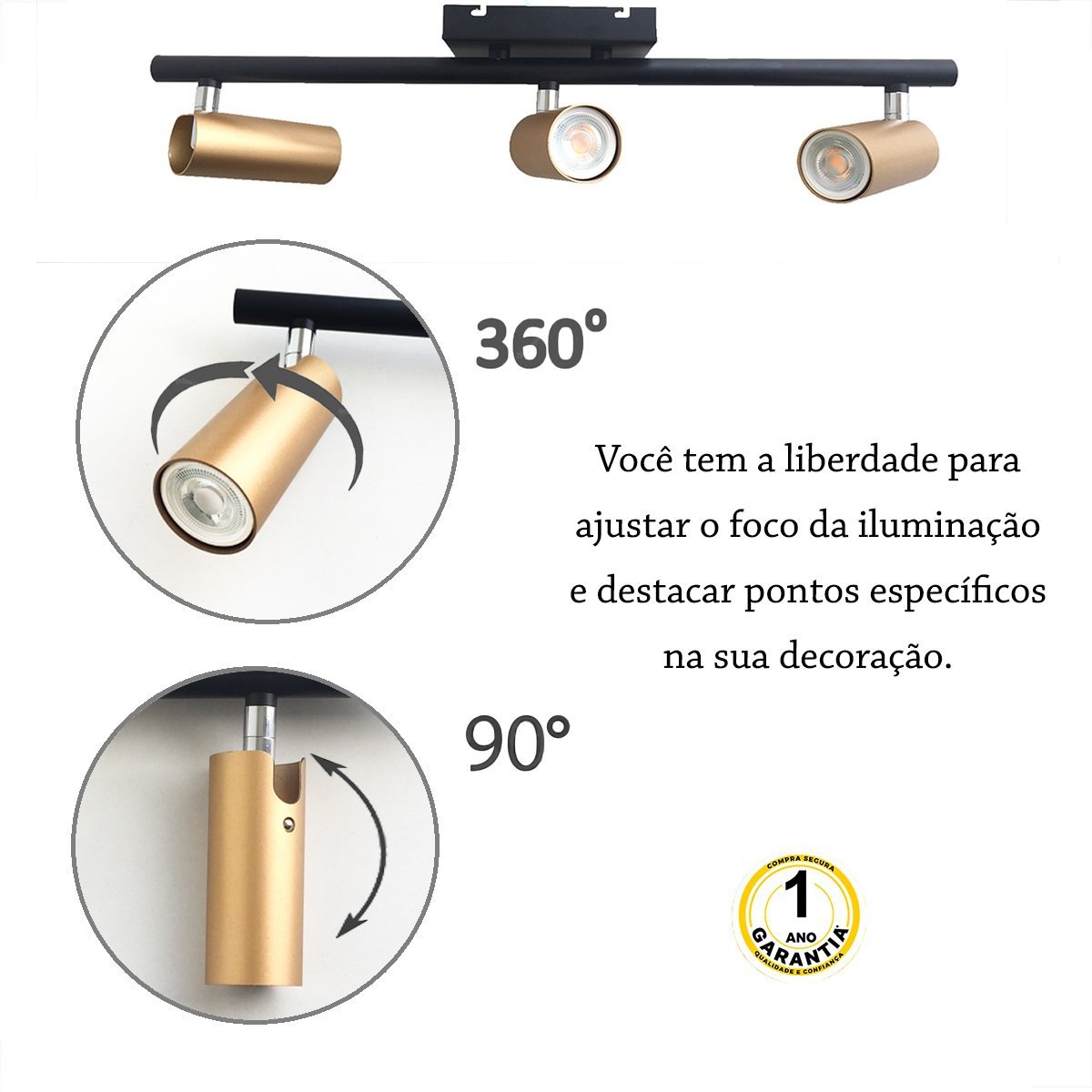 Spot Trilho Sobrepor Preto Triplo Led Dourado Mr11 Lup83 | MadeiraMadeira