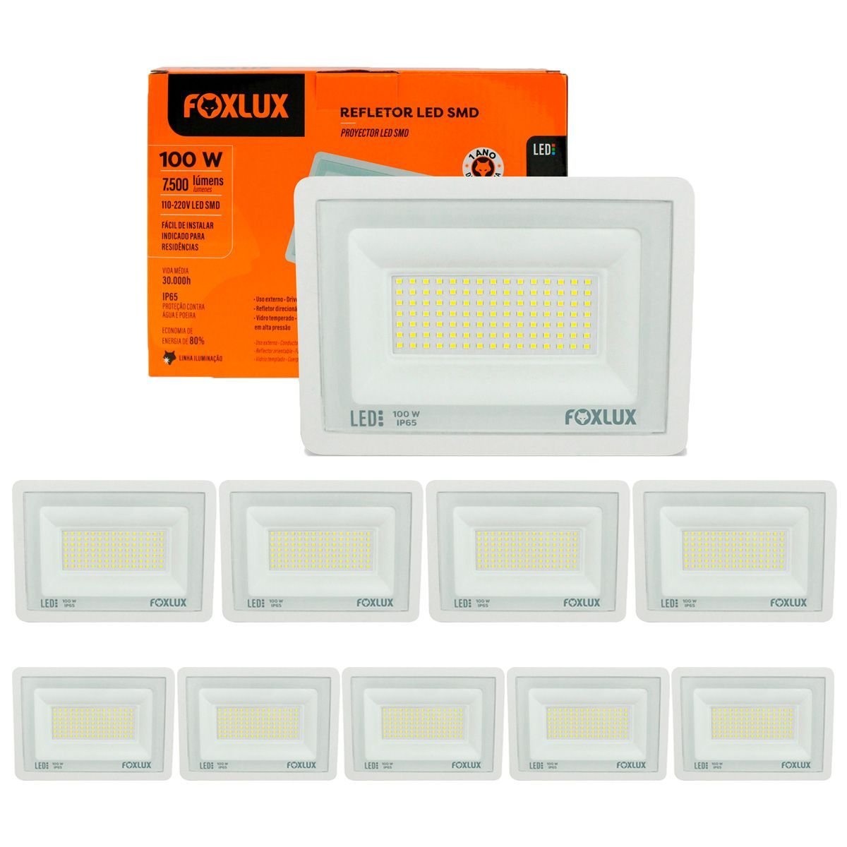 Kit 10 Refletor Led 100w 6500k Branco Bivolt Foxlux | MadeiraMadeira