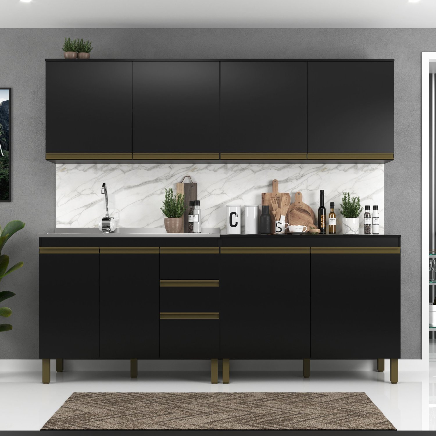 Cozinha Modulada Cecília 4 Peças 8 Portas 3 Gavetas 240cm J Carvalho ...