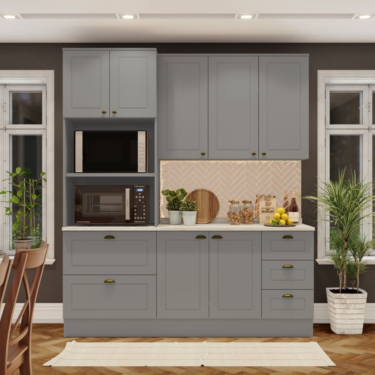 Cozinha Compacta Modulada 3 Peças com Torre Quente Emily Cinza/Calcare ...