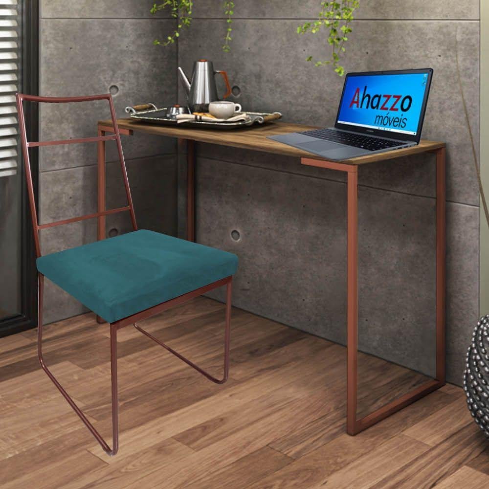 Cadeira E Mesa Bronze Tampo Mdf Castanho Suede Azul Turquesa ...