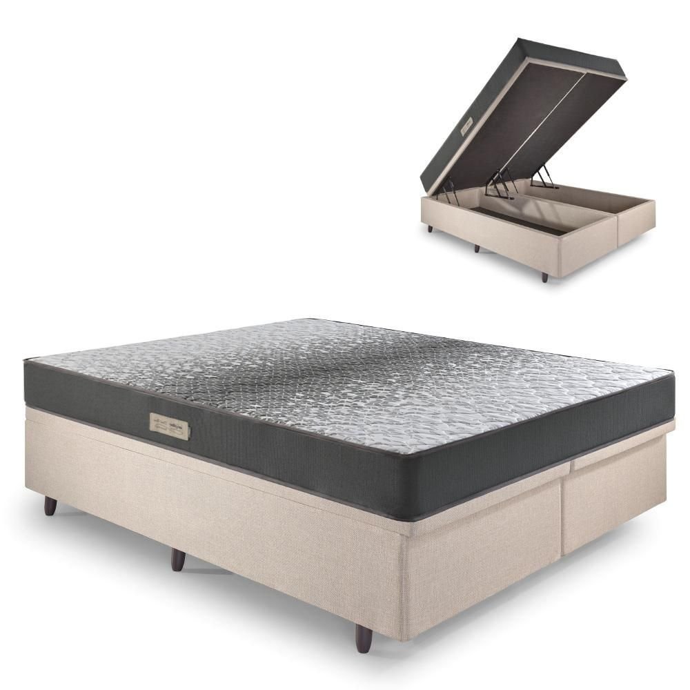 Cama Baú King 193x203 Linho Bege com Dual Firm Espuma Ecoflex | MadeiraMadeira