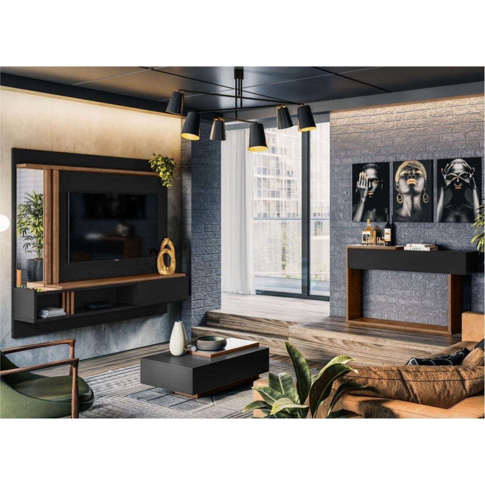 Aparador com Painel e Mesa Callax Jogo Preto e Amêndoa | MadeiraMadeira