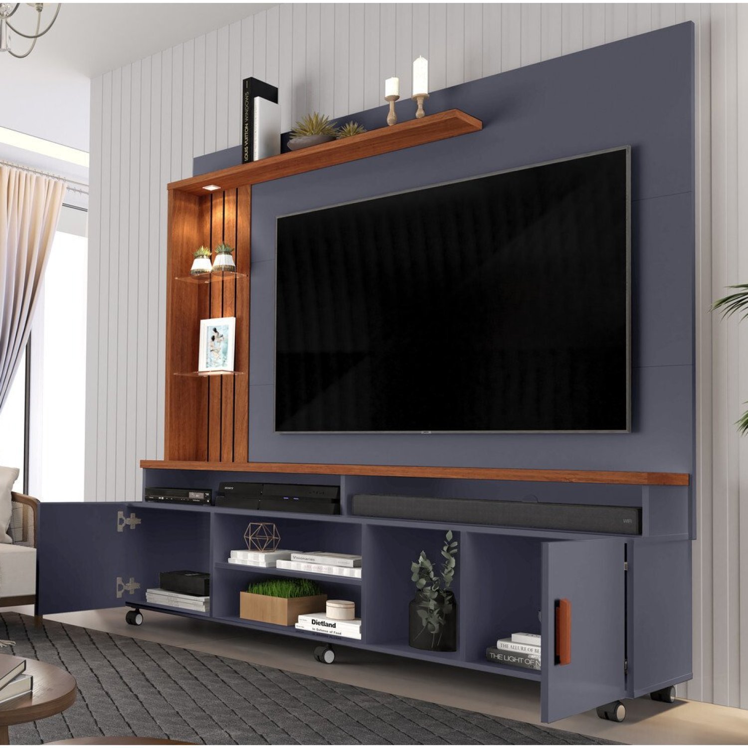 Estante Home para TV até 65 Polegadas Ripado com LED e Rodízios Ocean ...