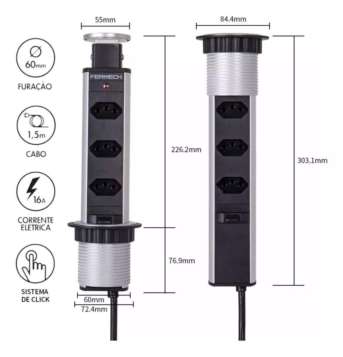 Tomada de Embutir em Bancada Torre com 03 Tomadas | MadeiraMadeira