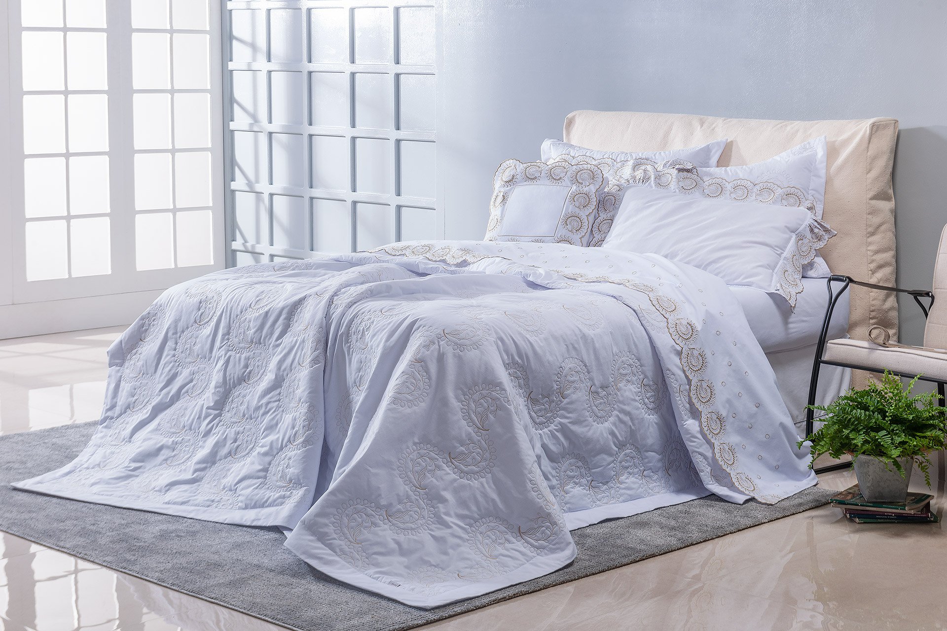 Kit Cobre leito Bordado 3 Peças 200 Fios Queen Astral Branco ...