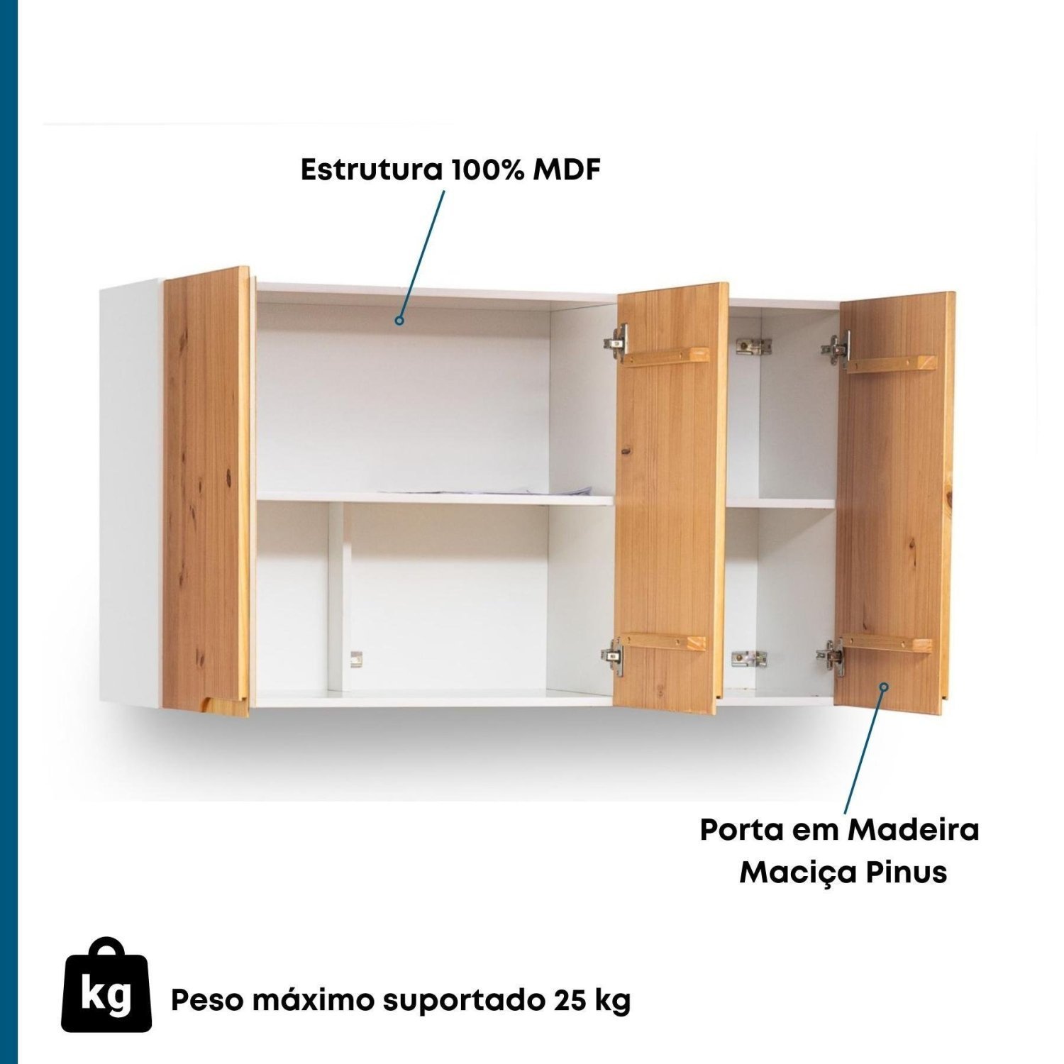 Armário Aéreo 120cm 3 Portas Madeira Maciça/MDF Ikigai | MadeiraMadeira