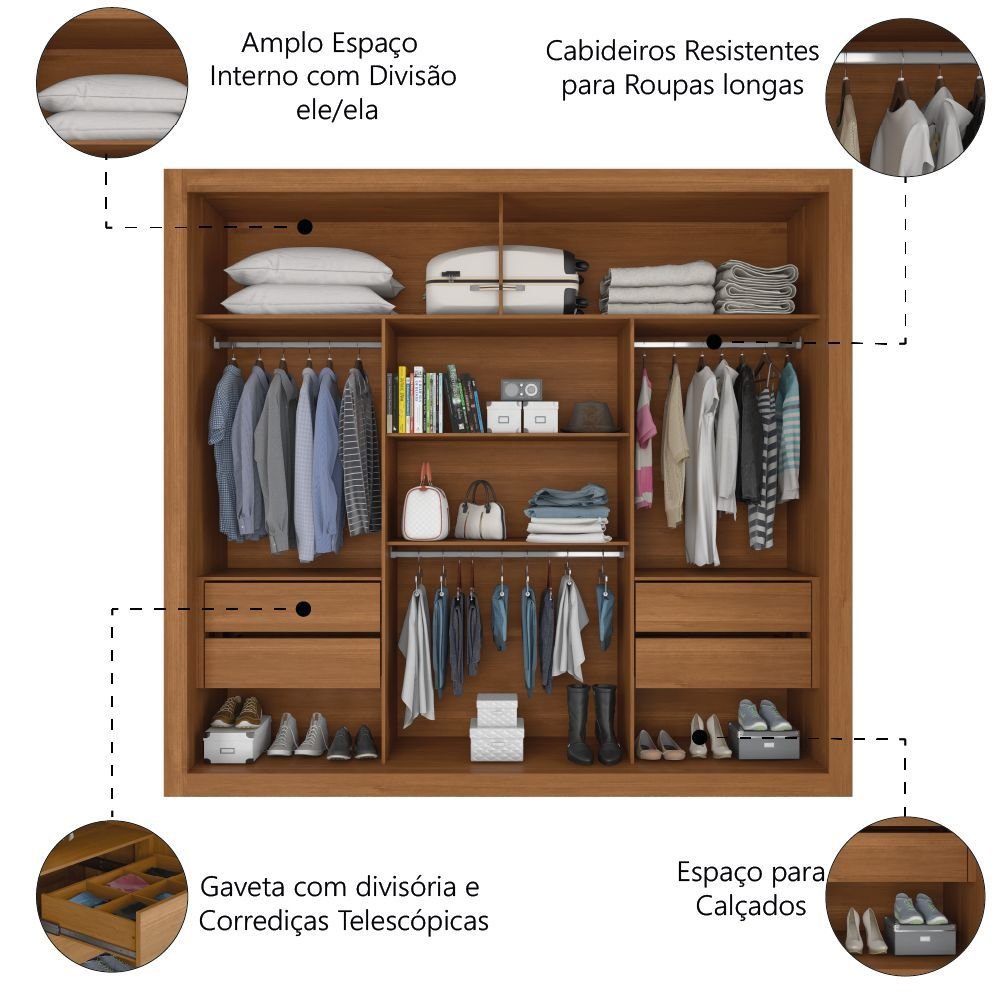 Guarda Roupas Casal Ripado 2 Portas de Correr 4 Gavetas Trianon Zanzini ...